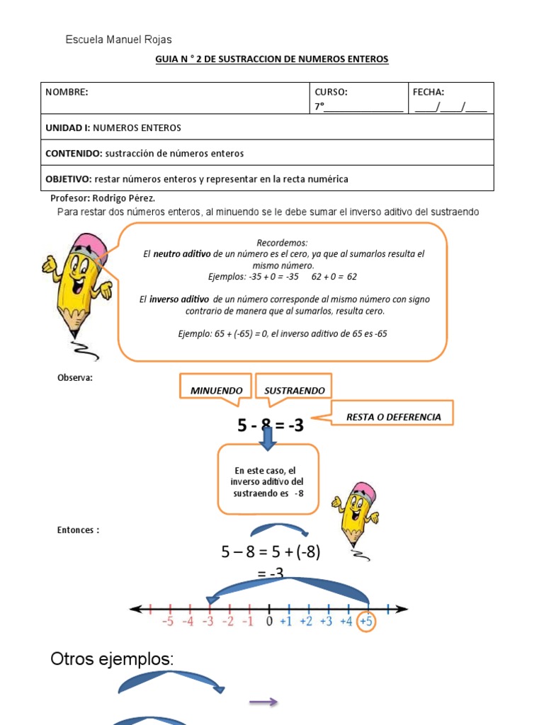 Guia 2 de Sustraccion de Numeros Enteros 3 y 4 Medio | PDF | Sustracción | Entero