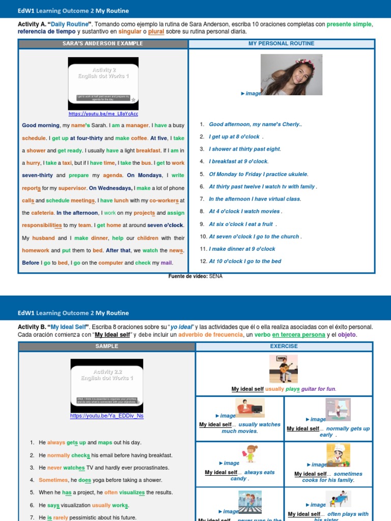 y Sustantivo en o Sobre Su Rutina Personal Diaria.: Daily Routine | PDF ...