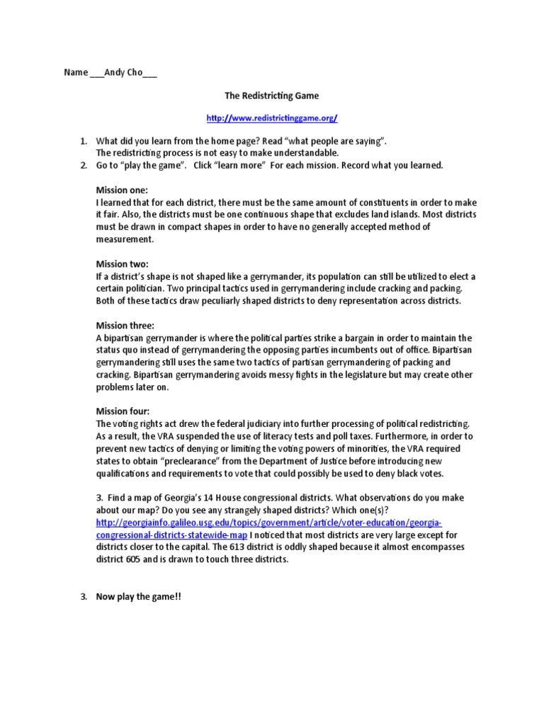 Redistricting Game WS | PDF | Gerrymandering | Voting Rights Act Of 1965