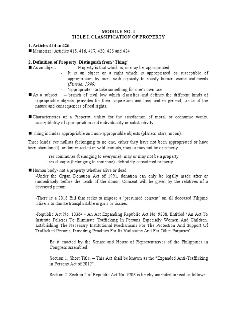 Module 1. Title I. Classification of Property | PDF | Property | Organ ...