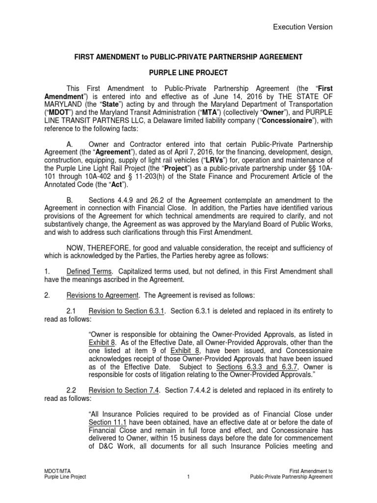 First Amendment to Purple Line PPP Agreement | PDF | Partnership ...