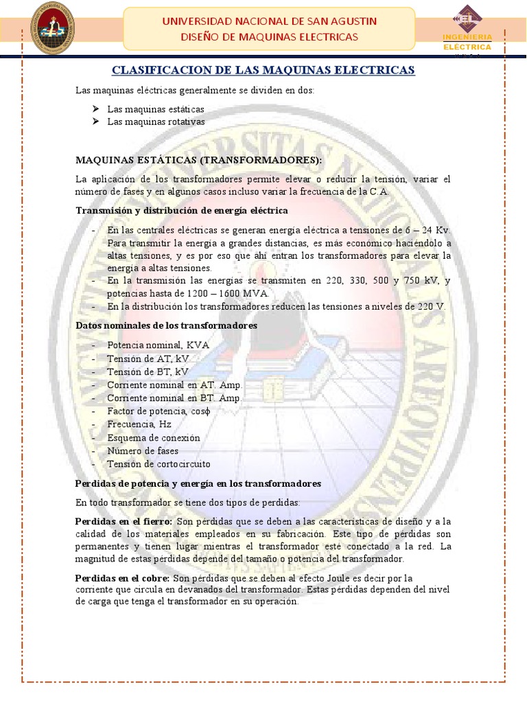 Clasificacion de Las Maquinas Electricas | PDF | Transformador | Motor ...