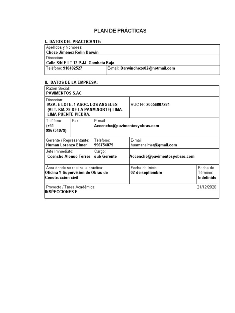 Formato FP06 - Plan de Practicas de Trabajo | PDF