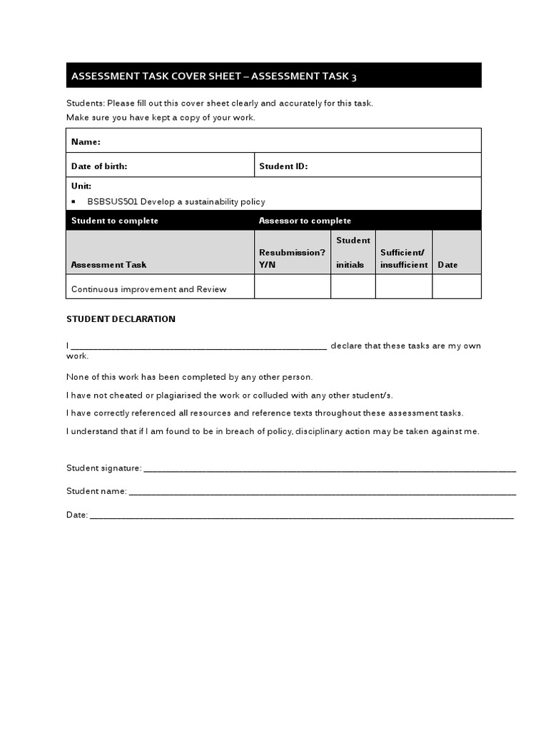 Assessment Task Cover Sheet - Assessment Task 3: Name: Date of Birth ...