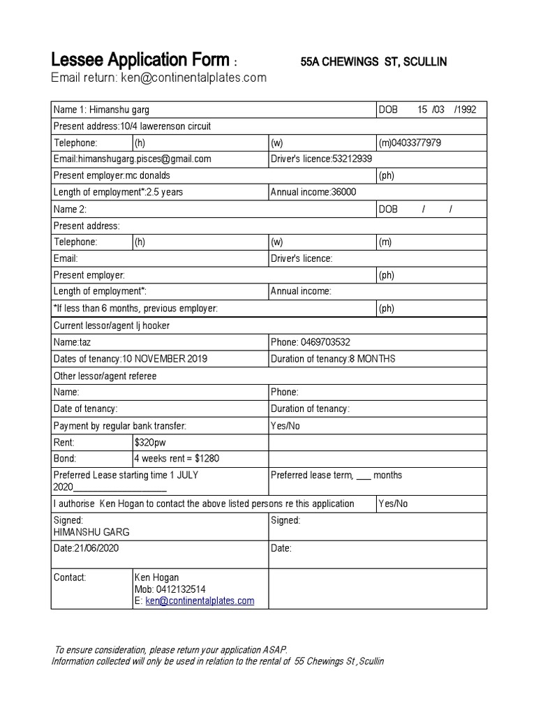Tenant Application FORM 55A CHEWINGS June 2020 | PDF