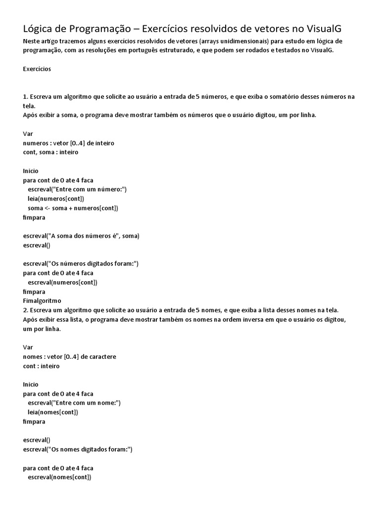 Lógica de Programação - Exercícios Resolvidos de Vetores No VisualG ...