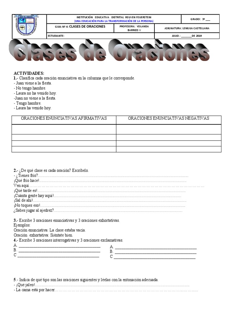 Guia 6 Clases de Oraciones | PDF
