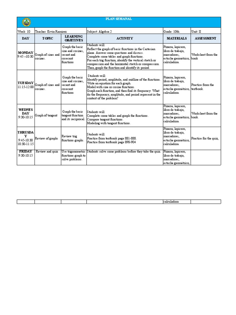 Algebra 2 - 10th Grade - Week 10 | PDF | Trigonometric Functions ...