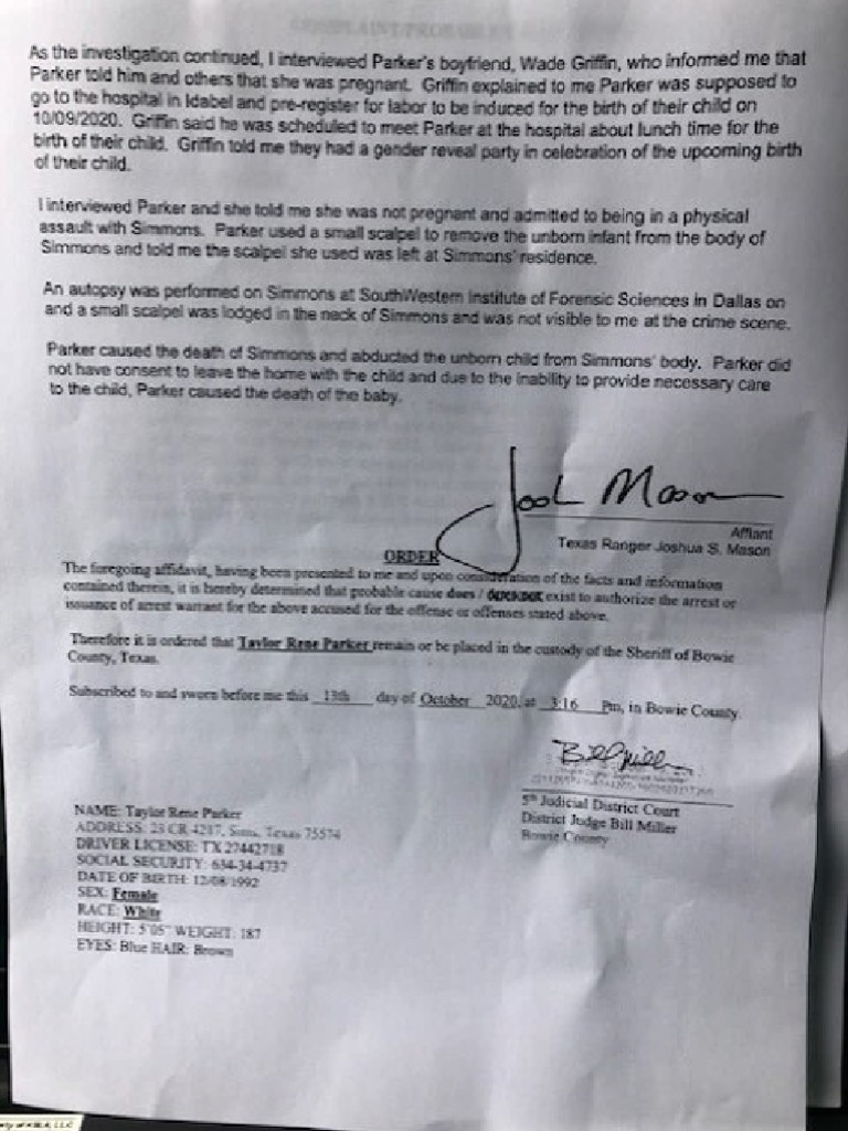Texas Probable Cause Affidavit For Taylor Rene Parker's Arrest (Page 2 ...