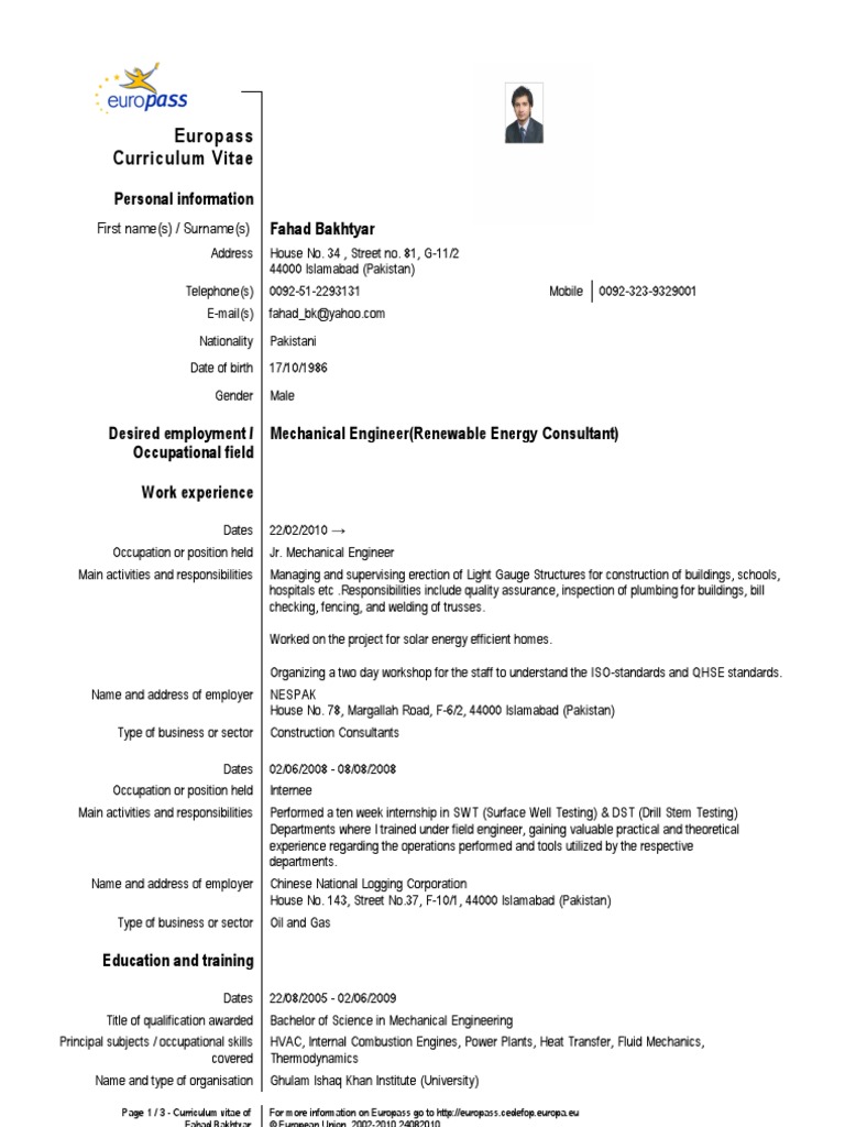 Fahad Europass CV | PDF | Engineer | Mechanical Engineering