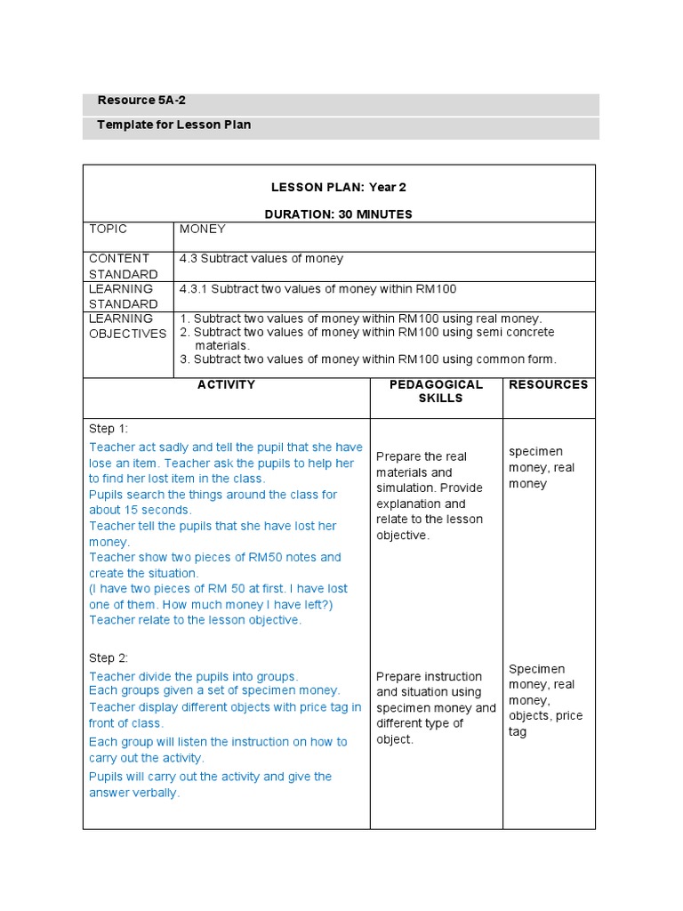 Year 2 Money Lesson Plan | PDF | Lesson Plan | Money