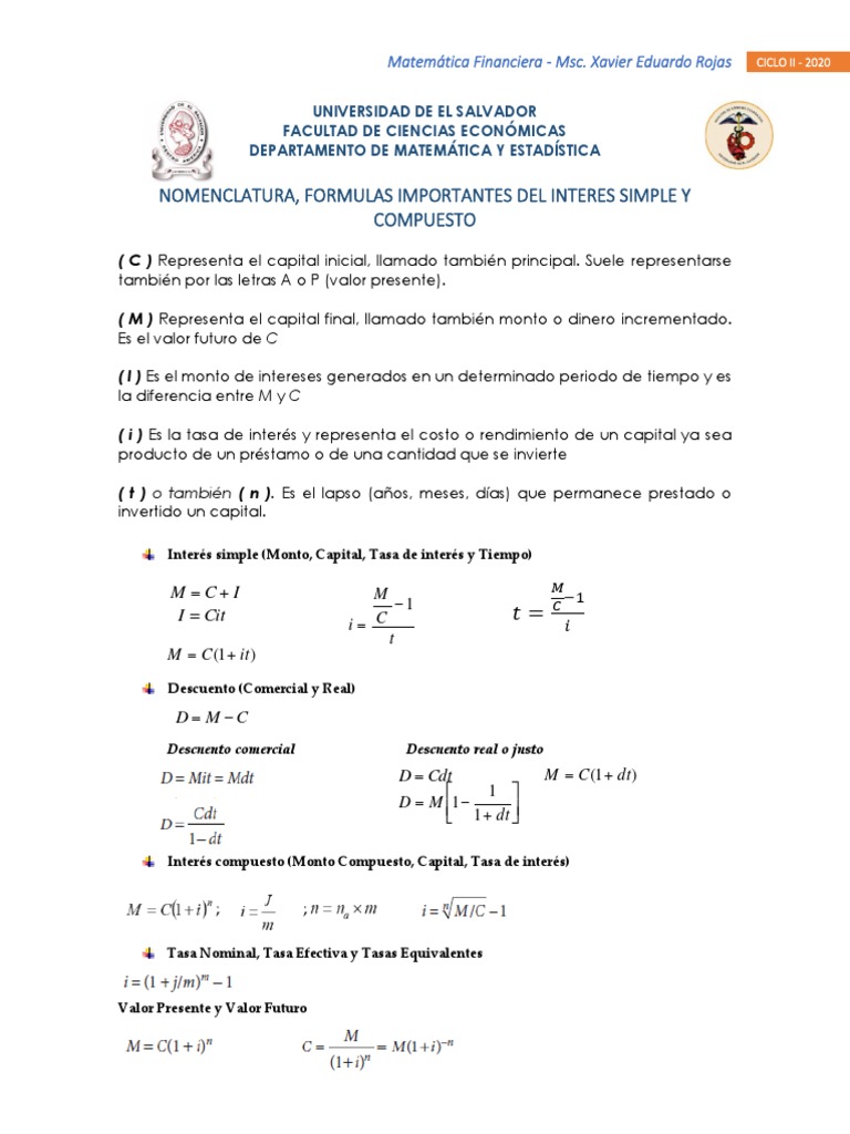 Nomenclatura Fórmulas Generales Matemática Financiera Cuadro Comp. | PDF