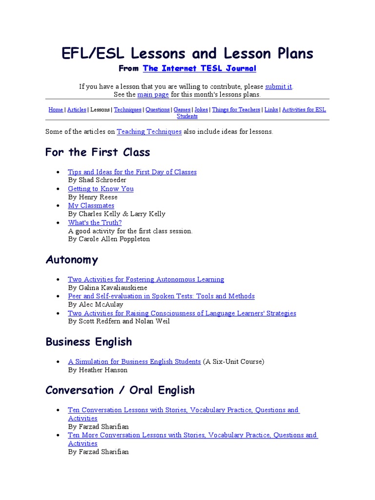 EFL and ESL Lessons and Lesson Plans | PDF | English As A Second Or ...