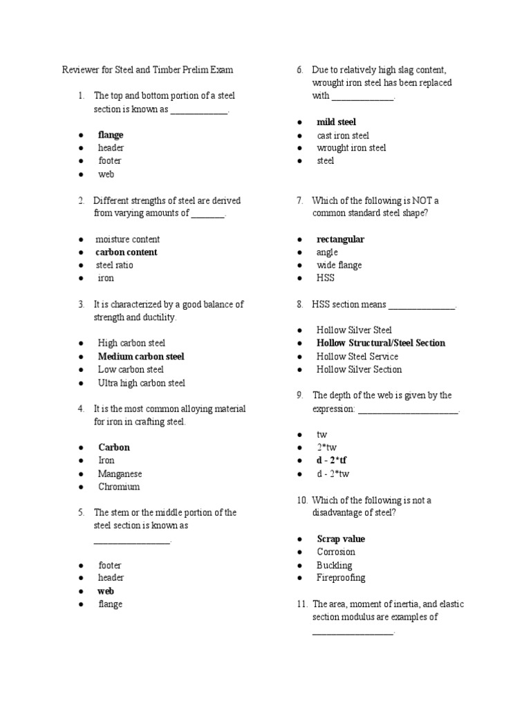 Reviewer For Steel and Timber Prelim Exam | PDF | Steel | Wood