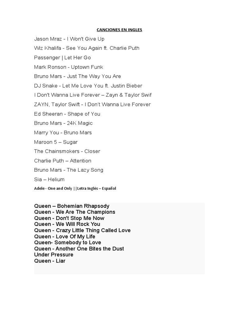Popular English Songs And Classic Rock Songs In Spanish PDF