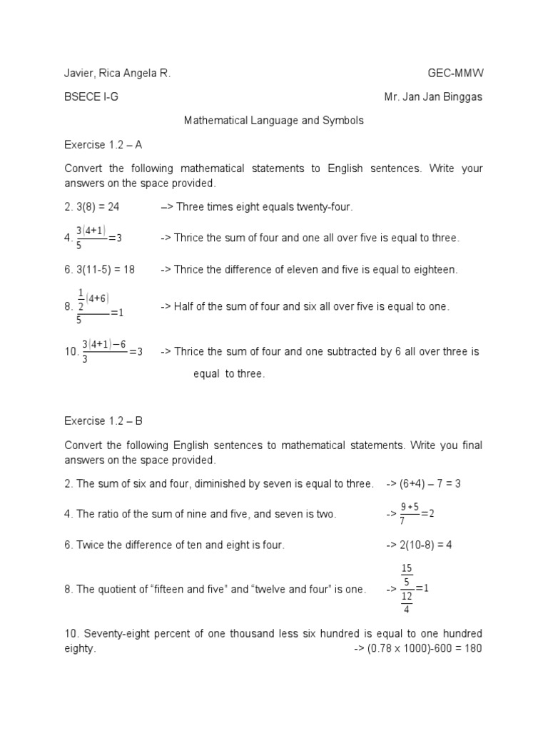 GEC-MMW Mathematical Language and Symbols Homework | PDF | Numbers ...