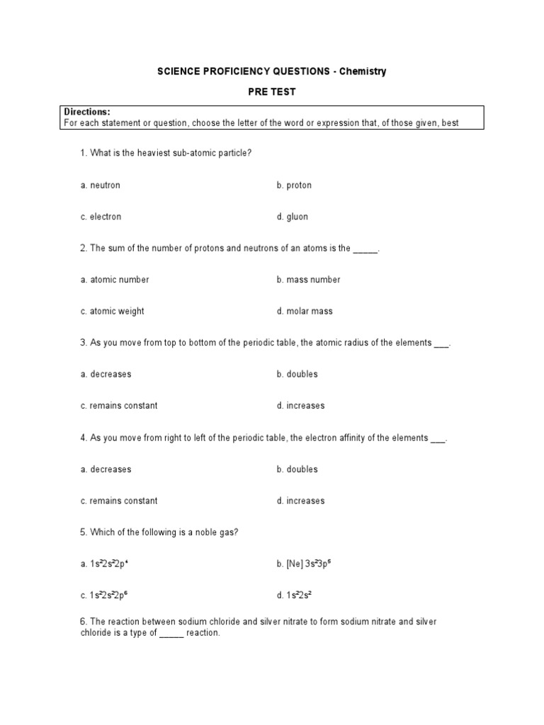Science Proficiency Questions - Chemistry Pre Test: Directions | PDF