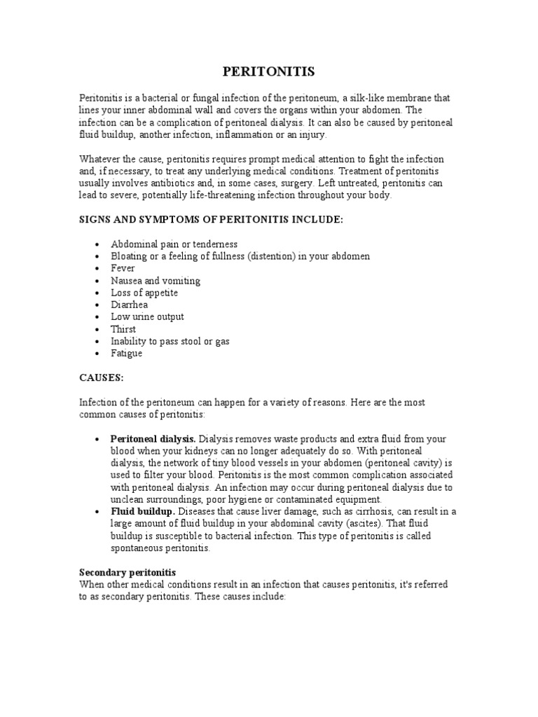 Peritonitis: Signs and Symptoms of Peritonitis Include | PDF ...