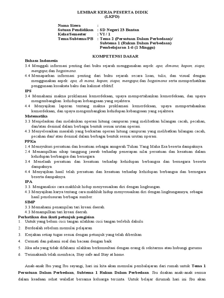 LEMBAR KERJA PESERTA DIDIK Tema 2 Sub Tema 1 | PDF