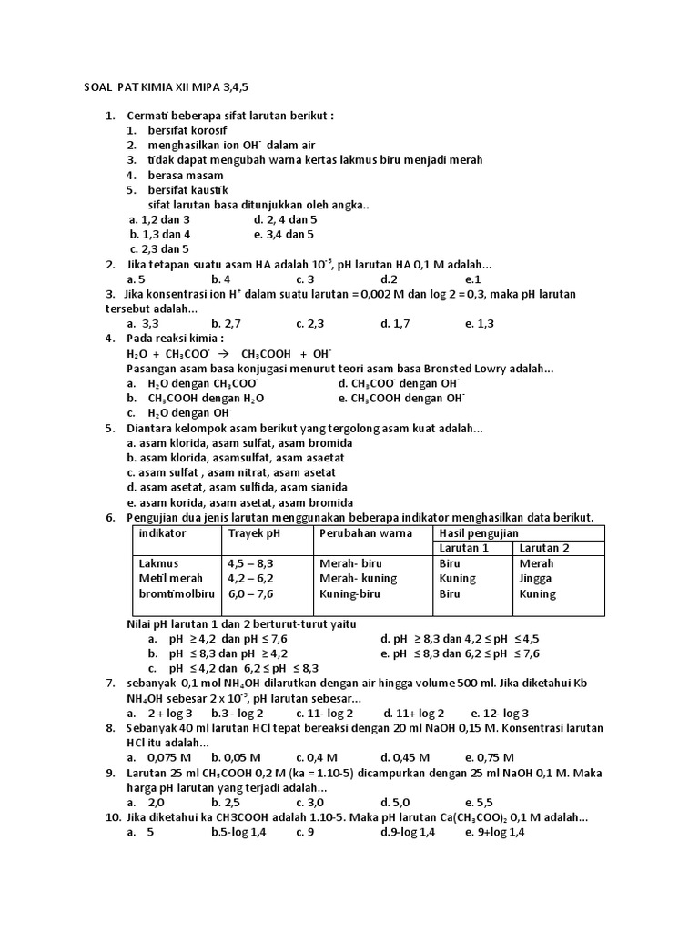 Soal Pat Kimia Xi Mipa3,4,5 | PDF