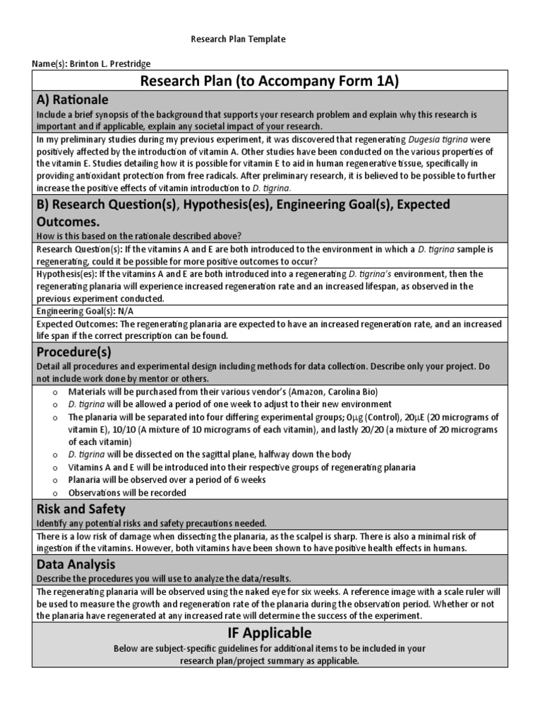 Research Plan (To Accompany Form 1A) | PDF | Experiment | Animal Testing