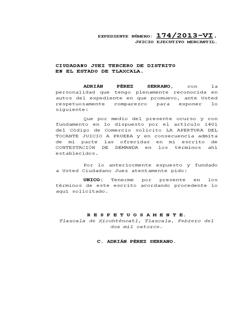 Escrito Solicitando La Apertura Del Periodo Probatorio Dentro de ...