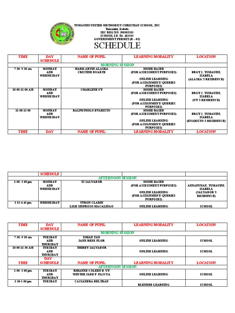 Schedule: Time DAY Schedule Name of Pupil Learning Modality Location | PDF