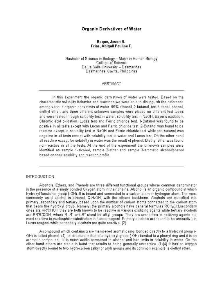 Testing Organic Derivatives of Water | PDF | Alcohol | Hydroxide