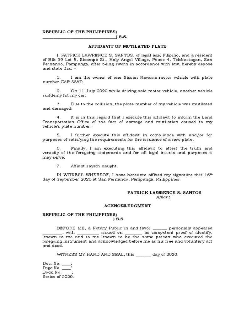 Affidavit of Mutilated Plate - LTO - Patrick Santos | PDF
