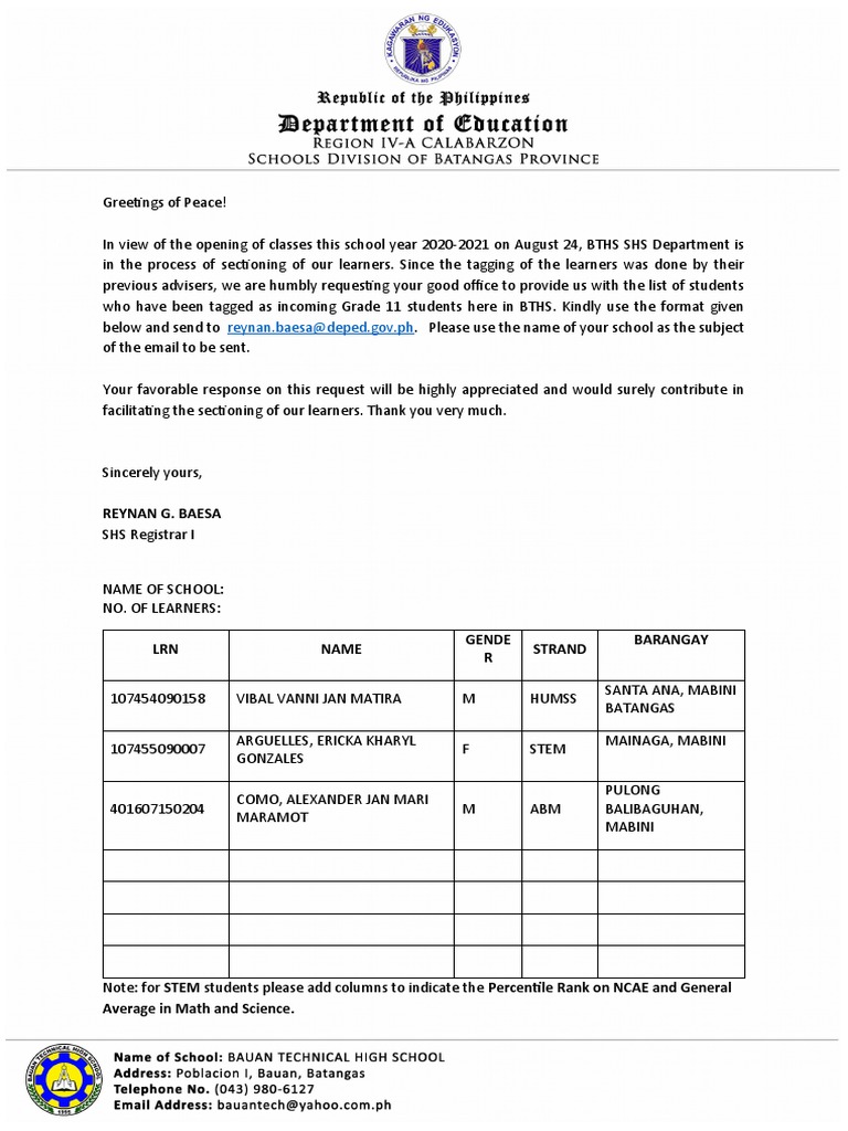 Request student list for sectioning Grade 11 | PDF