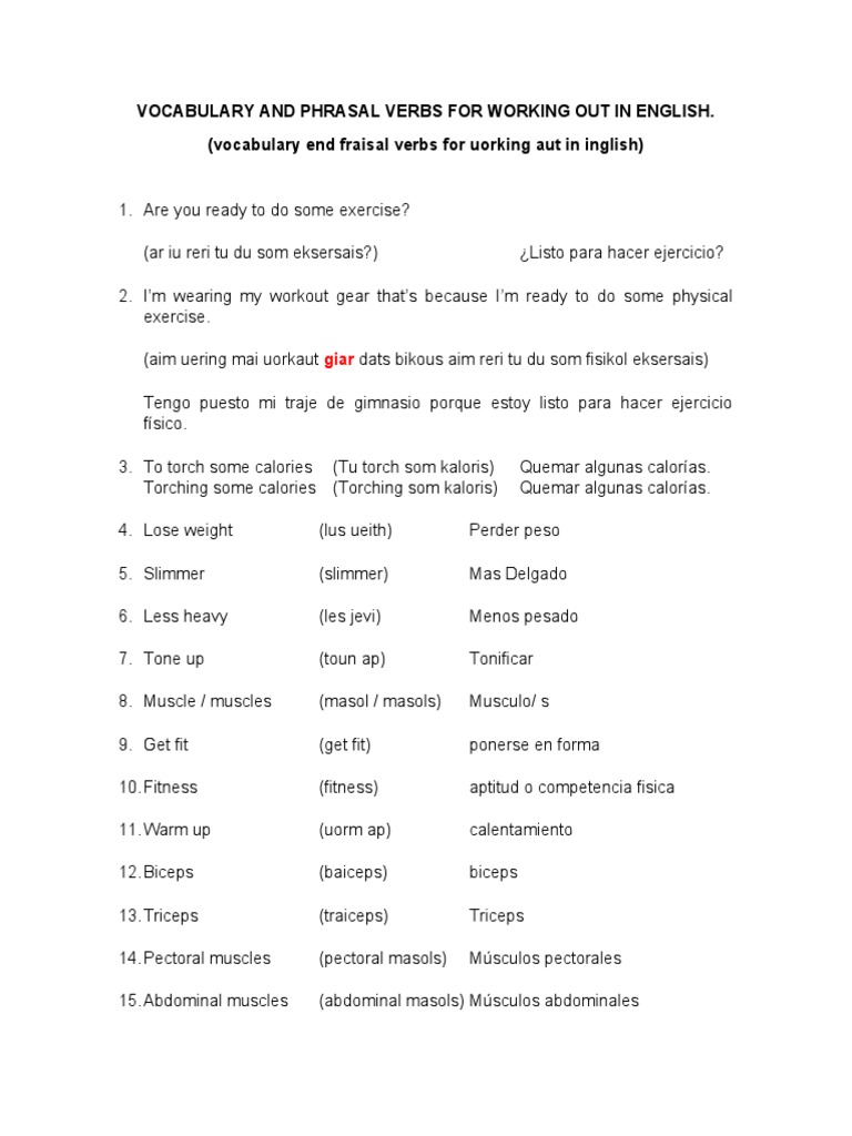 VOCABULARY AND PHRASAL VERBS FOR WORKING OUT IN ENGLISH (3 Term) | PDF ...
