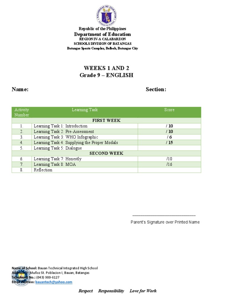 Weeks 1 and 2 Grade 9 - ENGLISH Name: Section:: Department of Education ...
