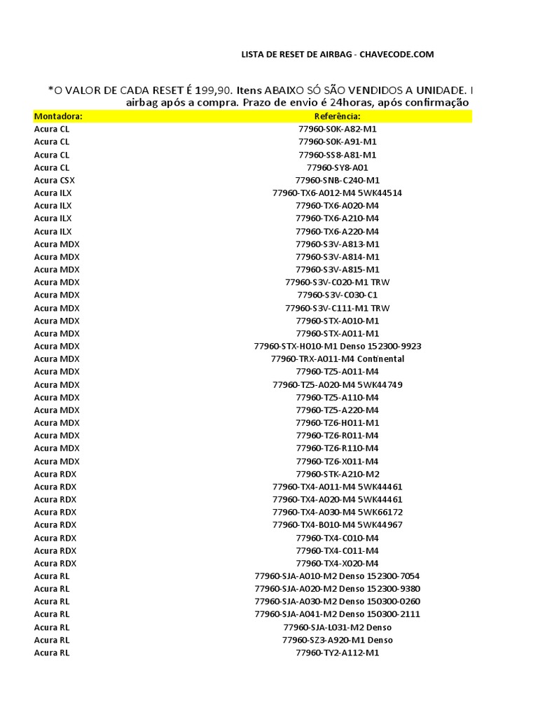 LISTA DE CARGAS AIRBAG - CHAVECODE - COM.x | PDF | Buick | Carro