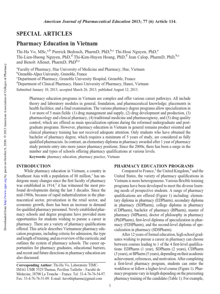 Special Articles Pharmacy Education in Vietnam: A, B B, C A D D B, C B ...