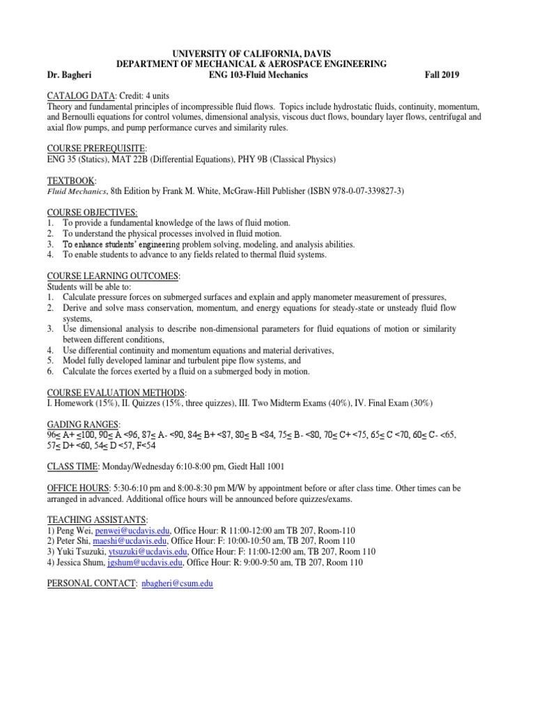 ENG 103 Syllabus | PDF | Fluid Dynamics | Fluid Mechanics