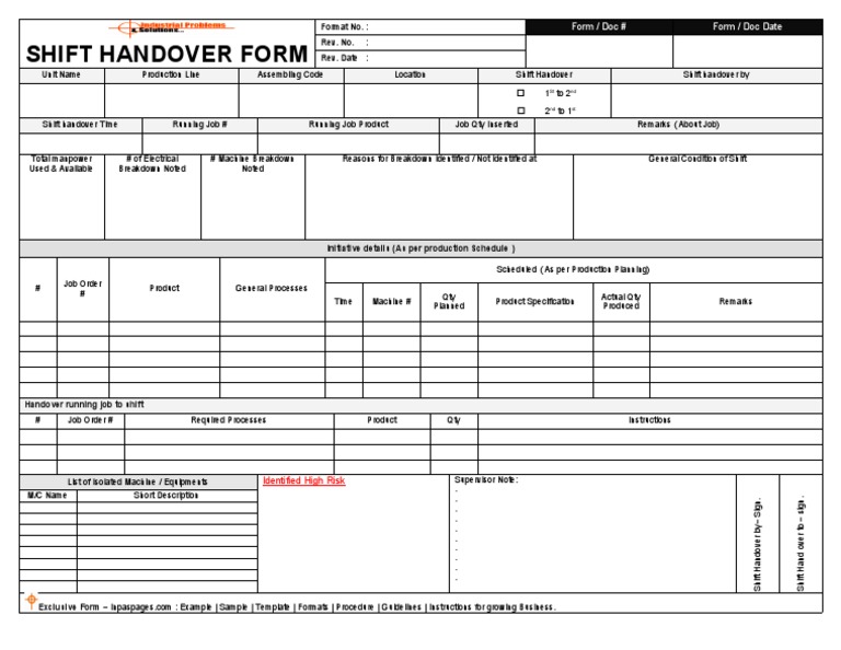 Shift Handover Form: Initiative Details (As Per Production Schedule ...