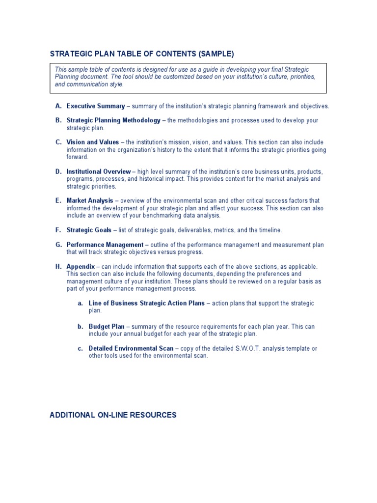 Strategic Plan Table of Contents (Sample) | PDF | Strategic Planning ...