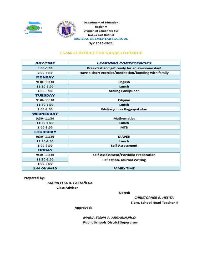 Grade II Orange Class Schedule 2020-2021 | PDF