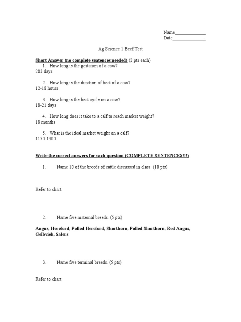 Ag Science 1 Beef Test Key | Download Free PDF | Cattle | Calf