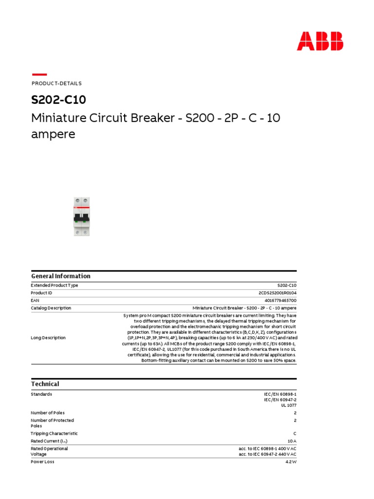 Miniature Circuit Breaker - S200 - 2P - C - 10 Ampere: Product-Details ...