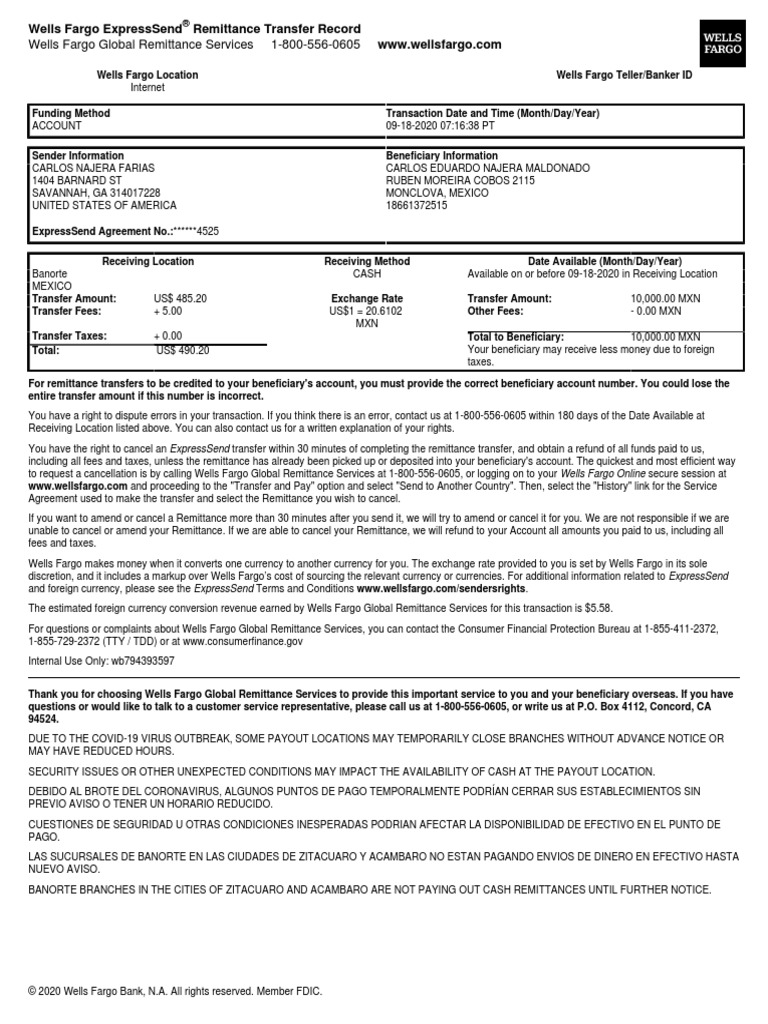 Wells Fargo Expresssend Remittance Transfer Record | PDF | Wells Fargo ...