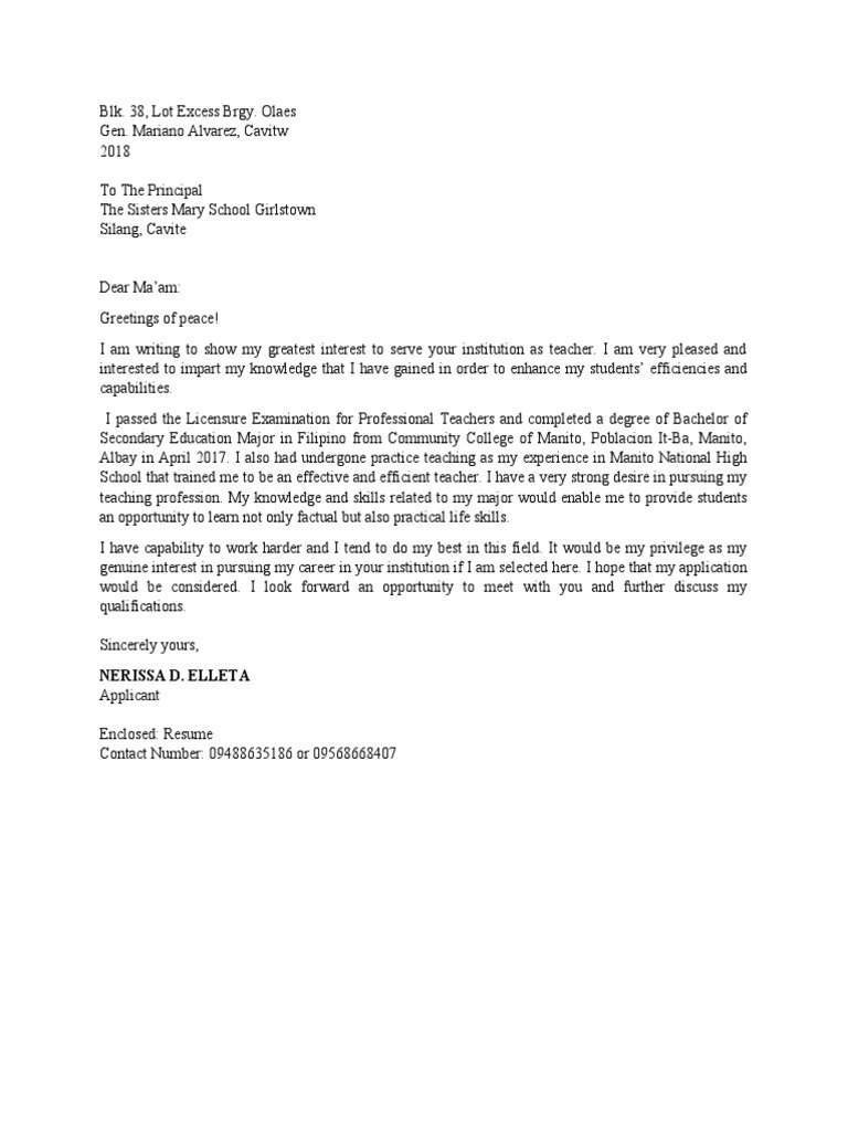 Application for a Teaching Position at The Sisters Mary School | PDF ...