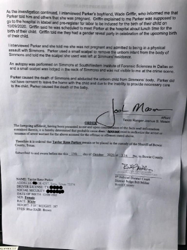 Texas Probable Cause Affidavit For Taylor Rene Parker's Arrest (Page 2 ...