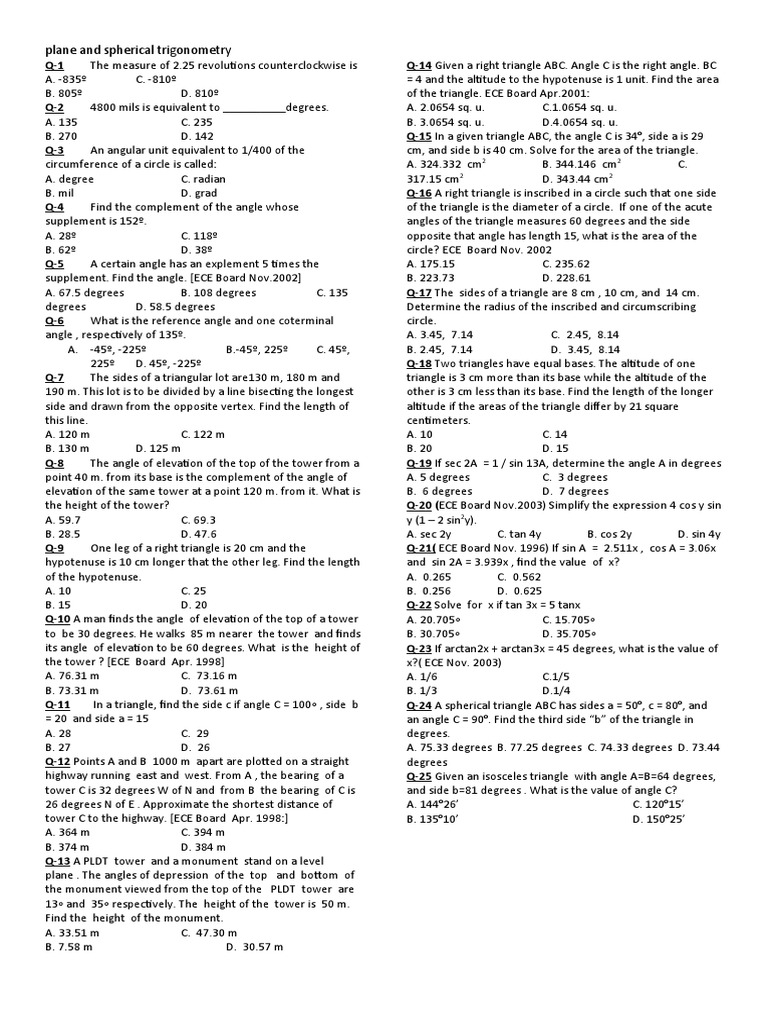 Plane and Spherical Trigonometry | PDF | Triangle | Angle