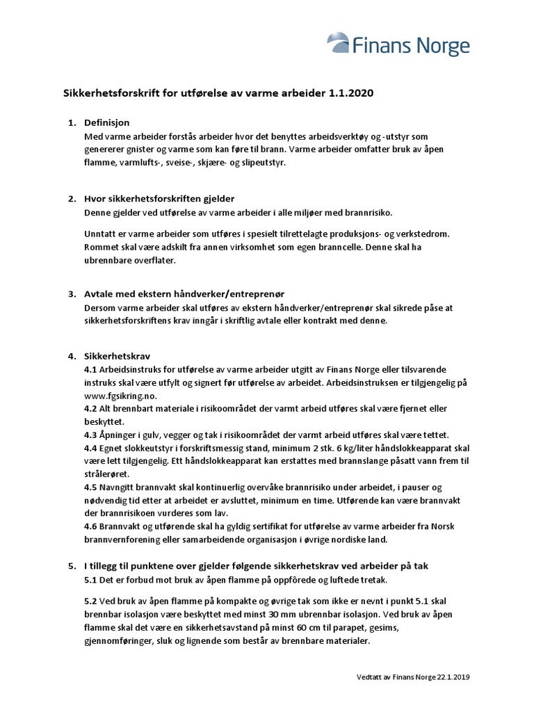 2020 - Sikkerhetsforskrift For Utførelse Av Varme Arbeider | PDF