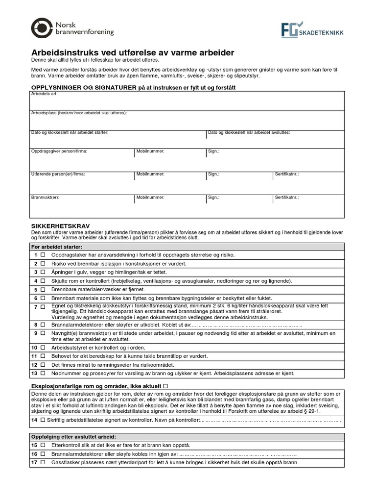 2020 - Arbeidsinstruks For Utførelse Av Varme Arbeider | PDF