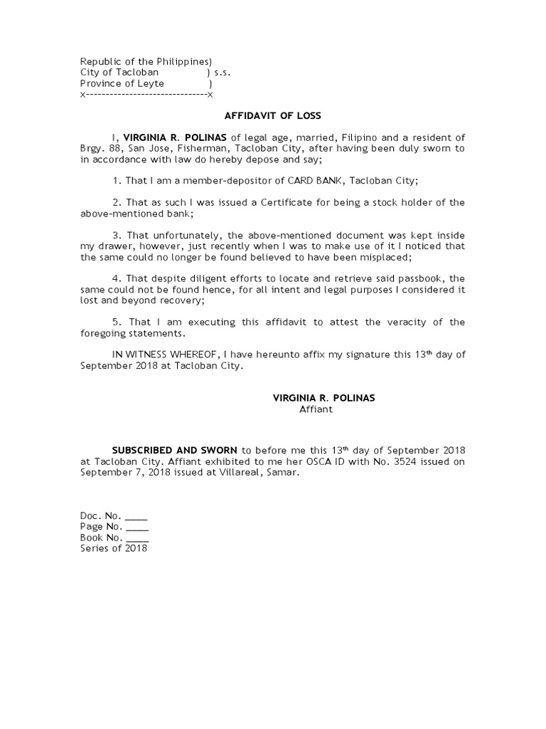 Affidavit of Loss - CARD BANK (Certification-Stock Holder) | PDF