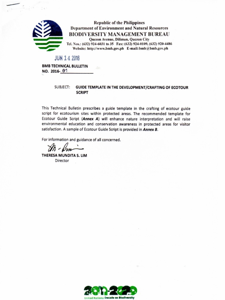 BMB Technical Bulletin No. 2016-01 - Guide Template For Ecotour Script ...