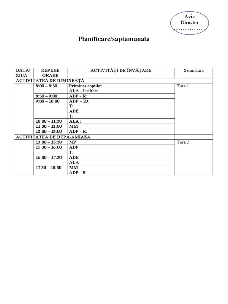 Planificare Saptamanala Tabel | PDF