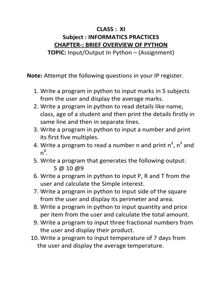11 Ip Brief Overview Of Python Input Output Assignment Pdf 5119